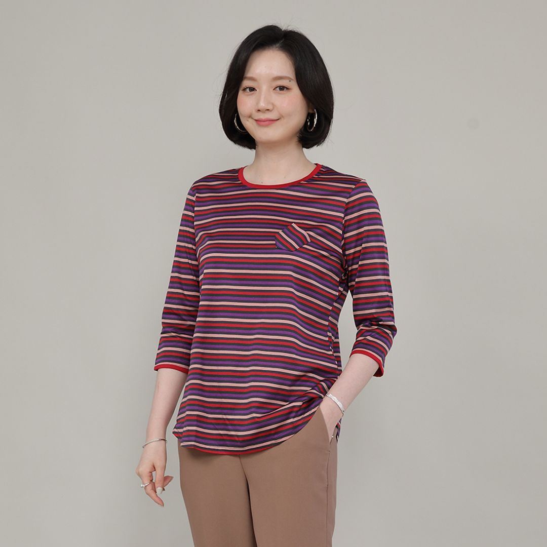 포스티 보들 스트라이프 실켓면 여성 봄 가을 칠부 티셔츠 A09209