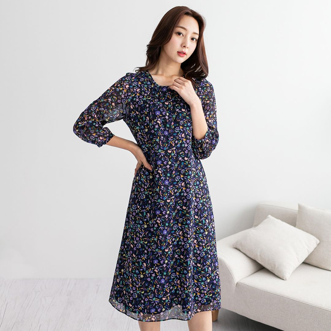 포스티 이헌영 플라워 쉬폰 롱 원피스 22bs1026o2 네이비