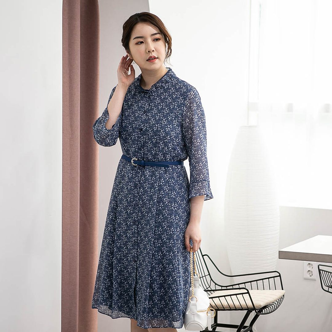 포스티 이헌영 셔링 네크라인 잔꽃 원피스 21bs1026o1 블루