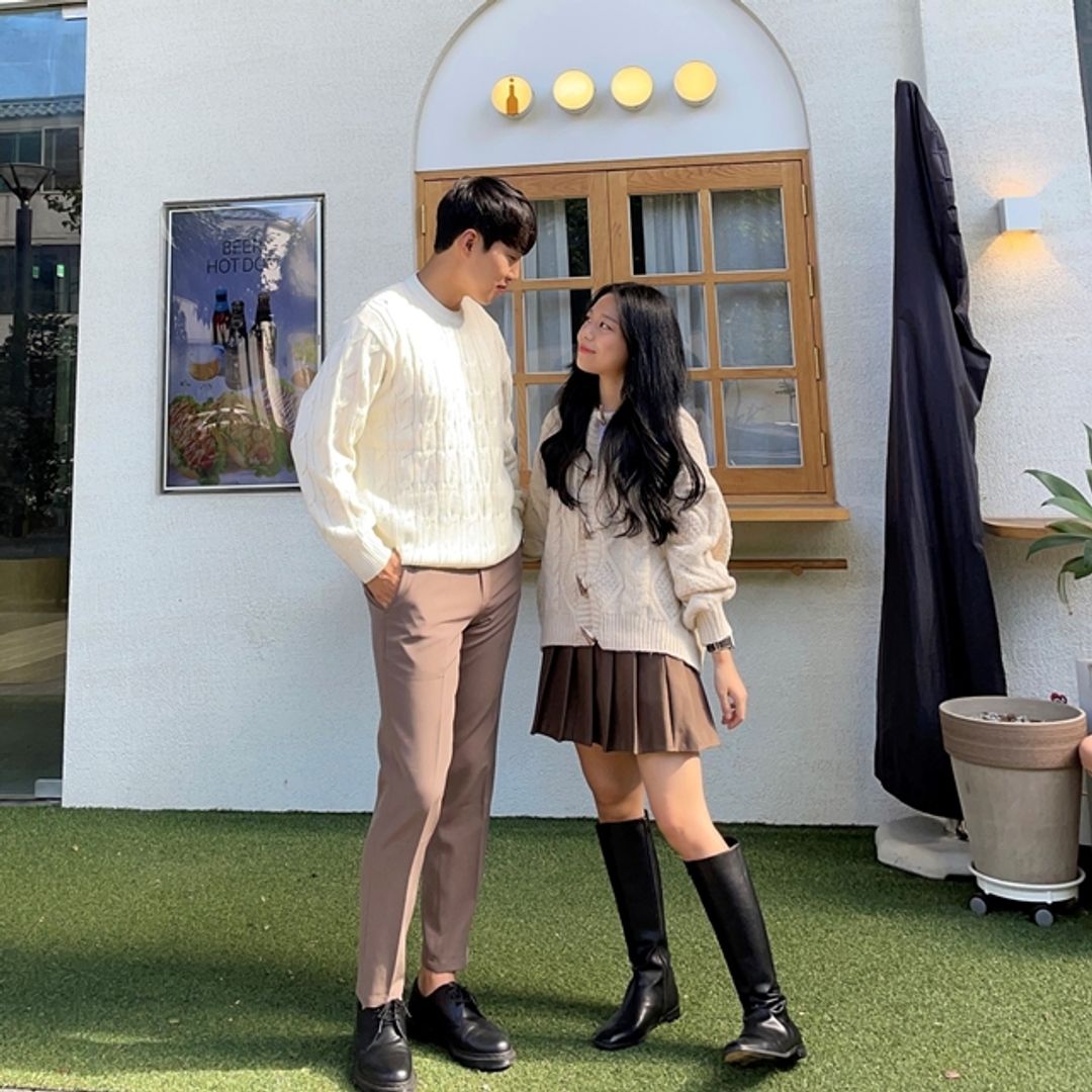 아이보리 꽈배기 떡볶이 후드 니트 가디건 커플 시밀러룩