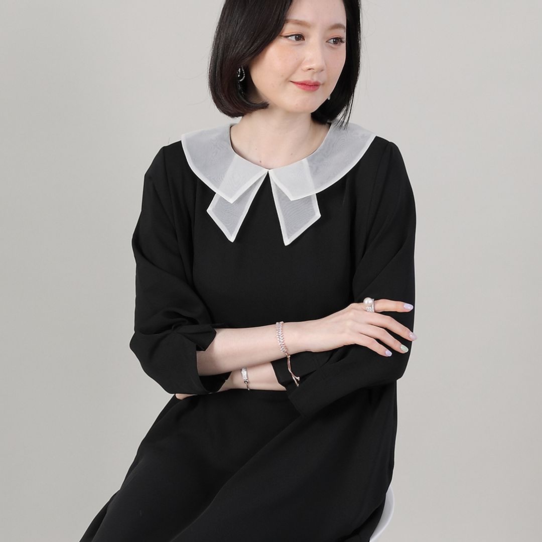 포스티 촬영 노방 리본 카라 여성 봄 가을 9부 긴팔 루즈핏 항아리 롱 원피스 O10209