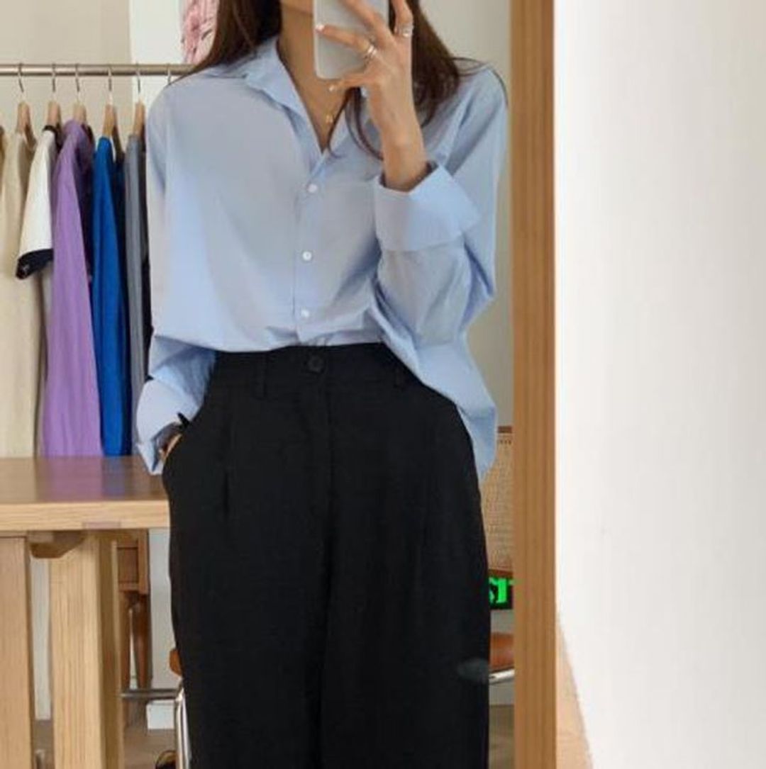 당일출고 라이션 블루셔츠 소라색 하늘색 가을 바스락 셔츠 남방 블라우스 데일리룩 오피스룩 르뚜앙