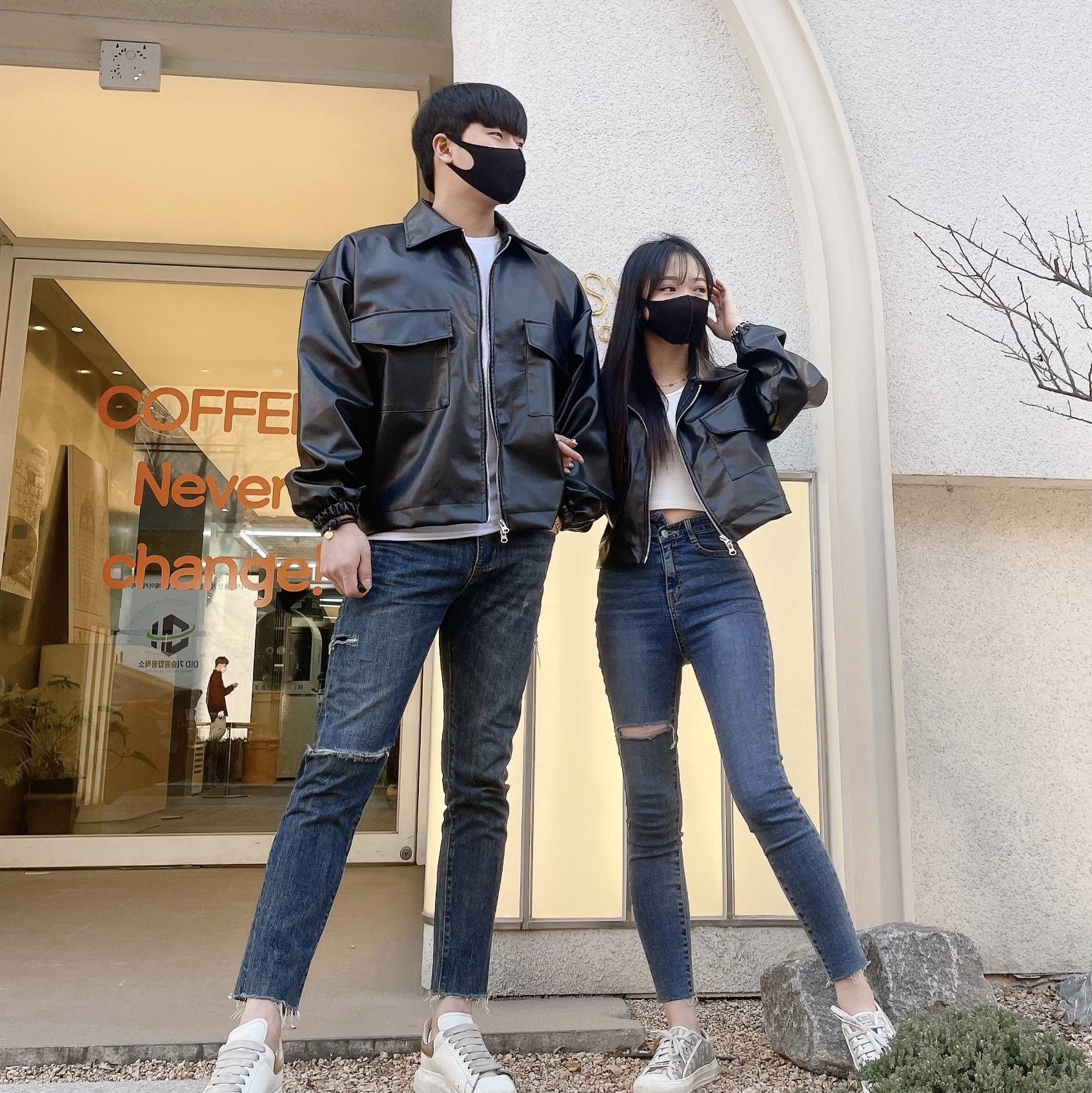 비바블 강추 커플 포켓 레더 자켓 커플룩 크롭 가죽 자켓 커플티 시밀러룩 숏 남녀공용 투웨이 빅사이즈 데일리 꾸안꾸 레자