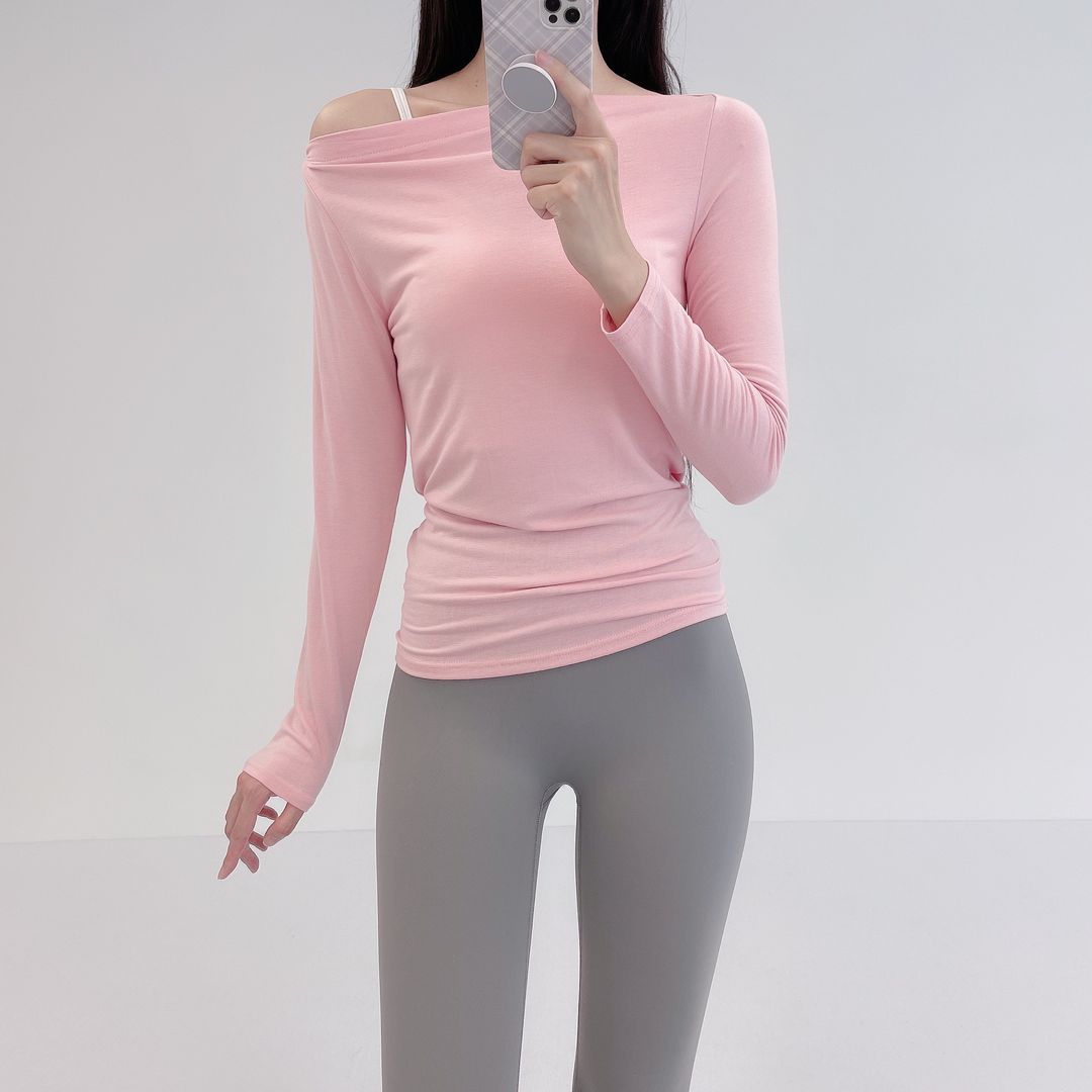 로라벨 스완 오프숄더 라운드티 필라테스복 요가복 커버업 긴팔