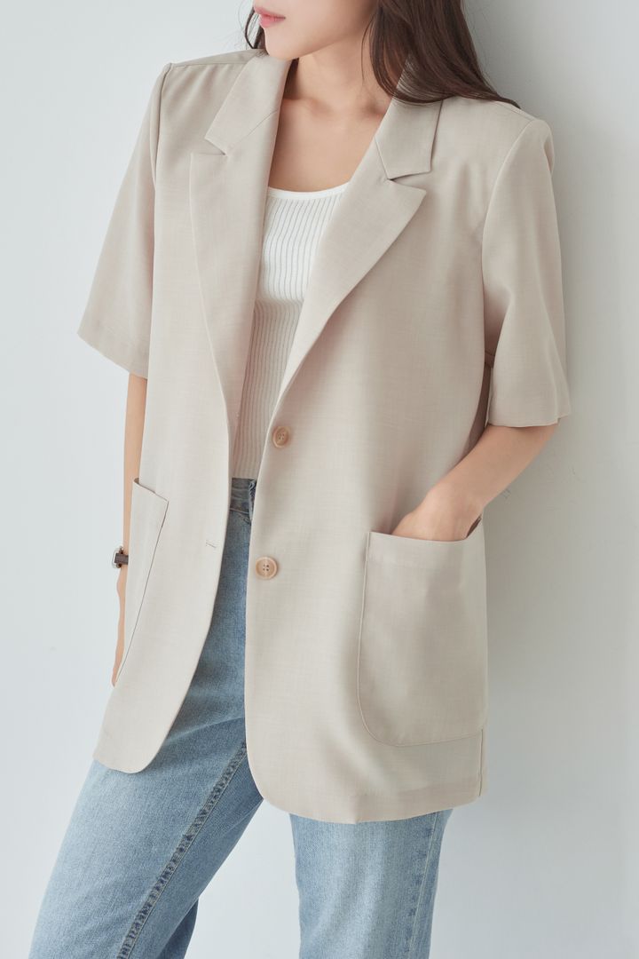 리틀마켓 Made 홑겹 싱글 아웃포켓 반팔 블레이저 자켓 Jf10b1 빅사이즈 아우터 세미 정장 베이지 블랙 하객 결혼식