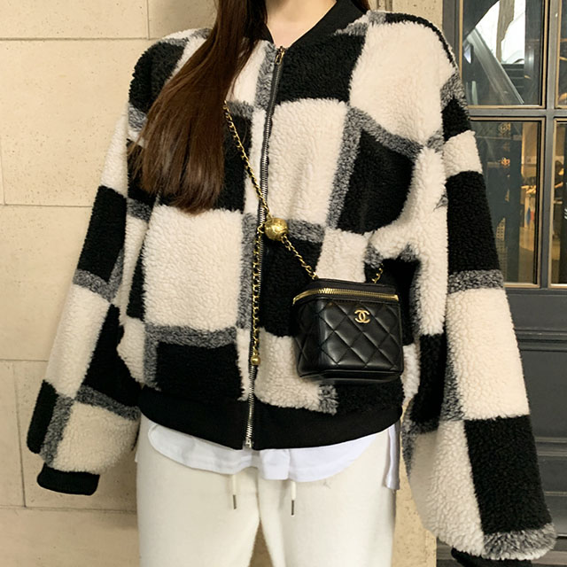 [인기] 오버핏 점퍼 체커보드 빅사이즈 양털 뽀글이 퍼 겨울 누빔 긴팔 봄 데일리 크롭 자켓 코트 야상 항공 패딩 더블 후리스