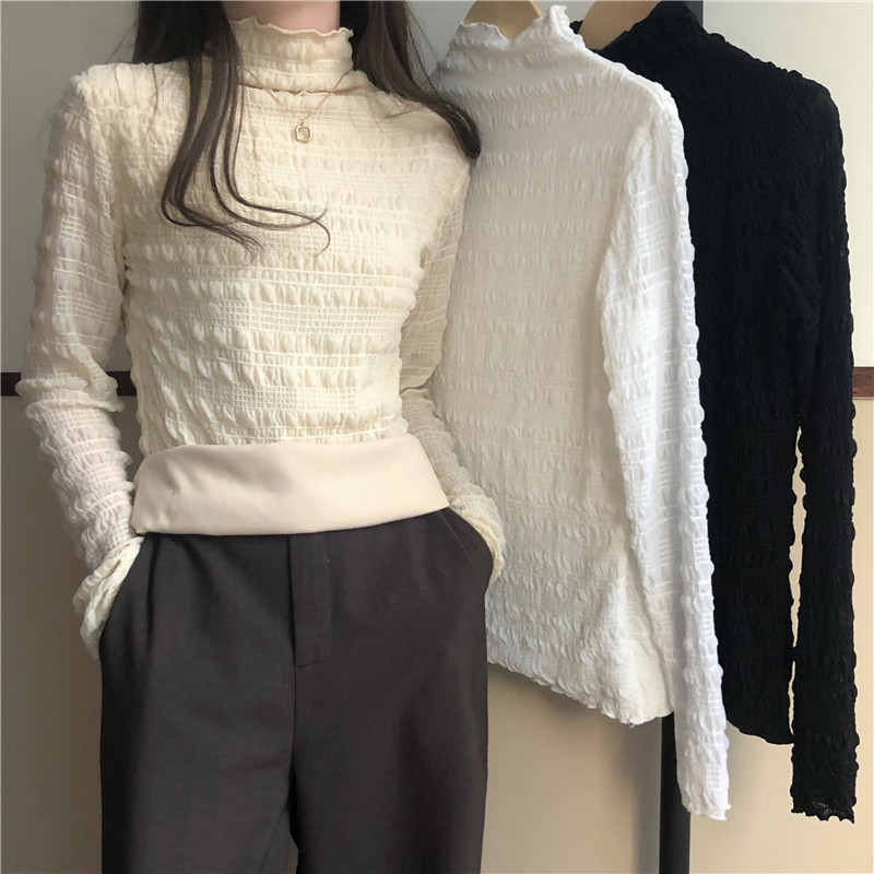 하프닌 기모3colors비침x 인츠 링클 주름 와플 폴라 프릴 목폴라 하이넥 여리 슬림핏 데일리 기본템 레이어드 이너 면 코튼 베이직 페미닌 꾸안꾸 긴팔 티셔츠