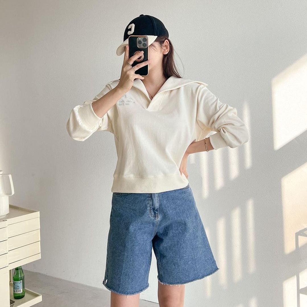 메이 자수 세일러 세라 카라 맨투맨 티셔츠