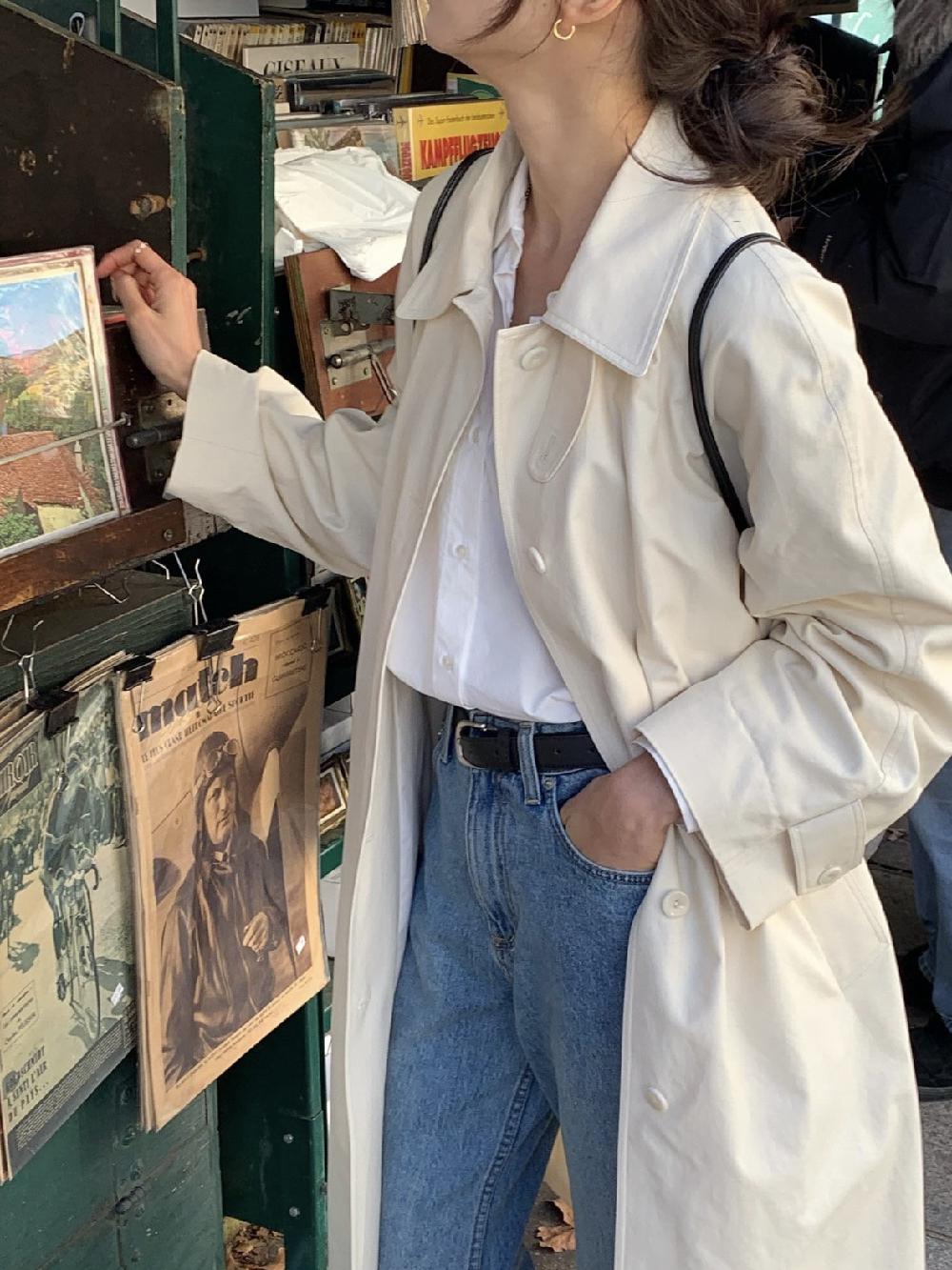 jinsim 진심 버터리 트렌치 코트 코튼 긴팔 카라 하이넥 싱글 롱 ct