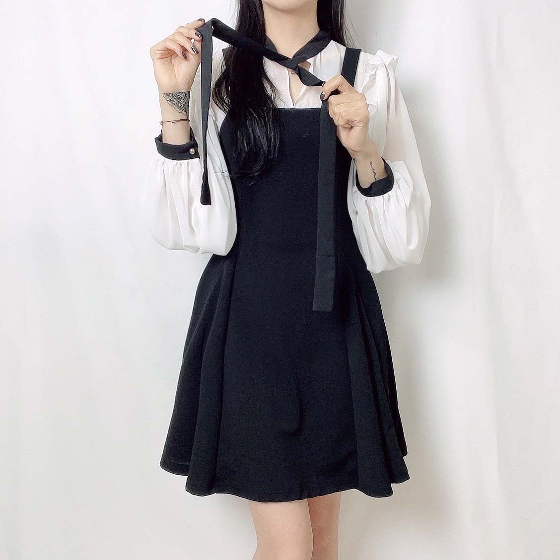 라벨르미 프릴 뷔스티에 퍼프 플레어 리본 미니 원피스 쉬폰 가을 긴팔 여성 하객룩 아이유 개화기의상 핑크 파티룩 연말