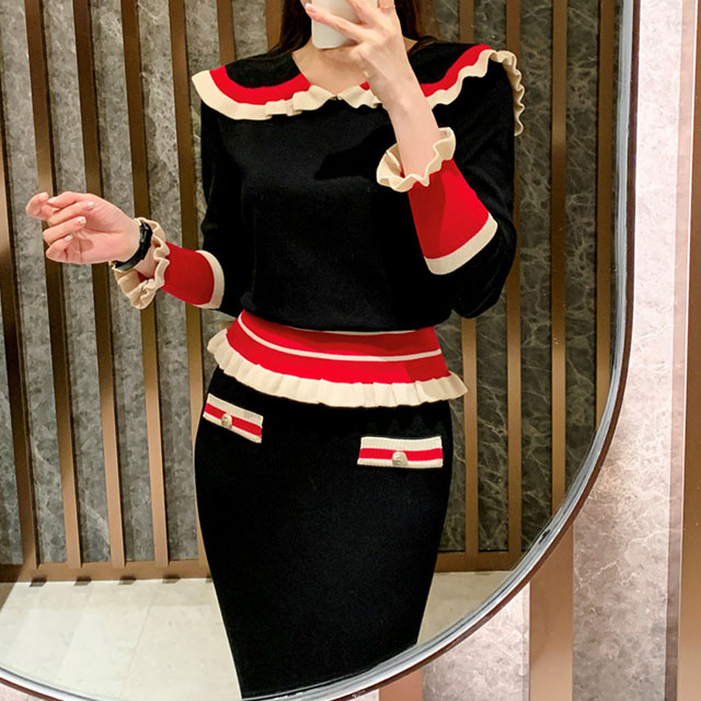 Set투피스세트 니트 스커트 세트 투피스 하객룩 결혼식 크롭 셔링 프릴 언발 트임 배색 슬림핏 골지 린넨 하이웨스트 밴딩 롱치마 롱스커트 트위드 겨울 체크 미시 크롭 고뚠 세트