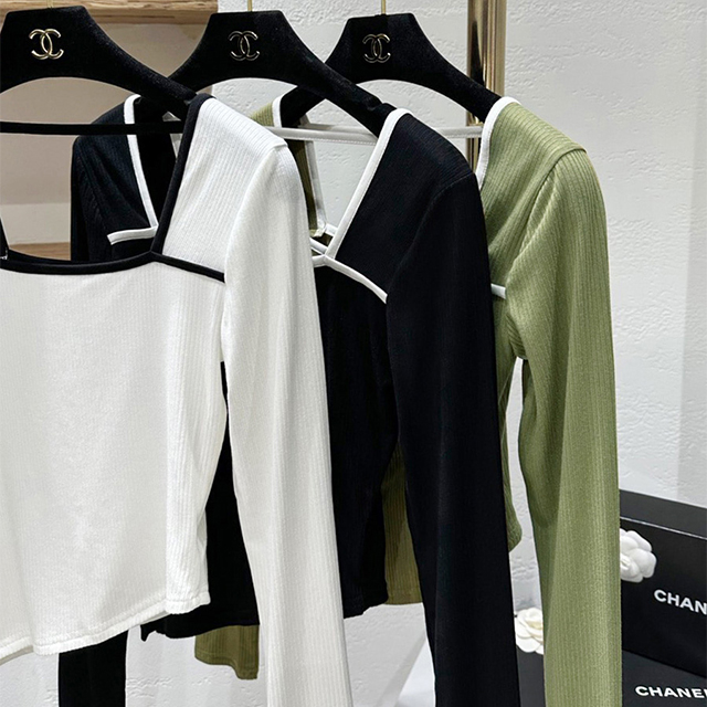 다미님 3컬러 스퀘어넥 티셔츠 긴팔 무지 배색 슬림핏 섹시 요가복 필라테스 스판 캐주얼 베이직 가을 겨울 하객룩 결혼식 방송댄스 무대의상 공연 캐주얼 벌룬 퍼프 셔링