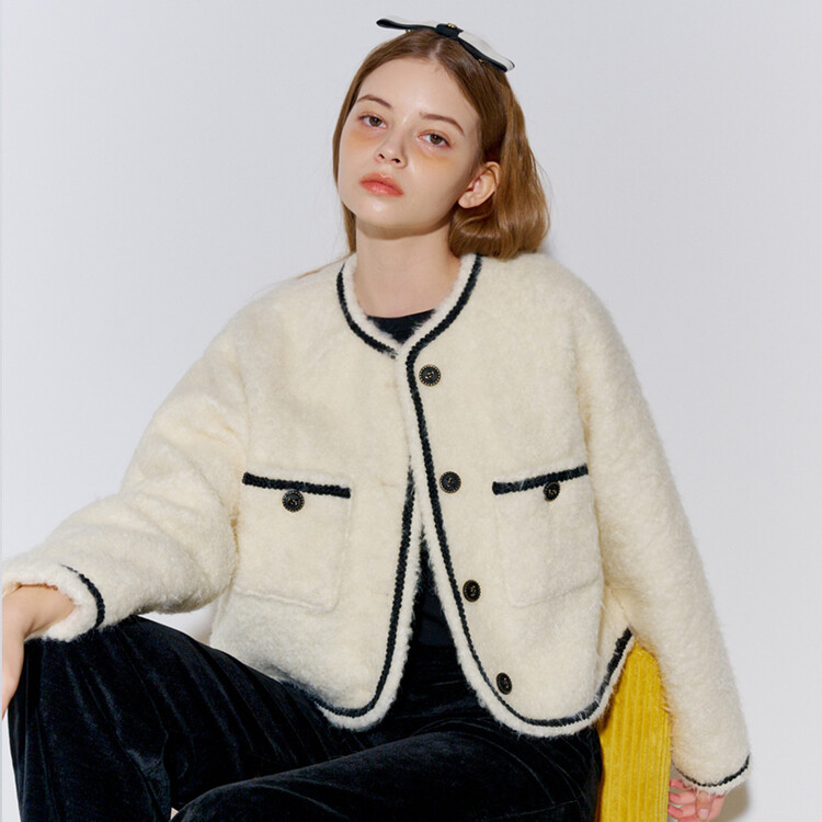 Fluffy Tweed Fur Jacket Ivory