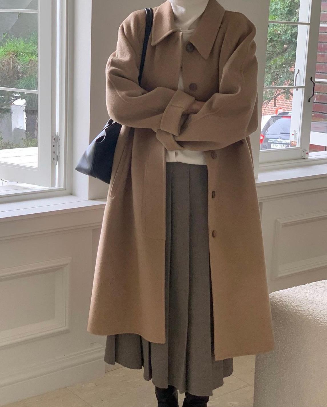 나우어데이즈 오브젝트 싱글 히든 핸드메이드 코트 울 카라 스트랩 롱 ct (3col)