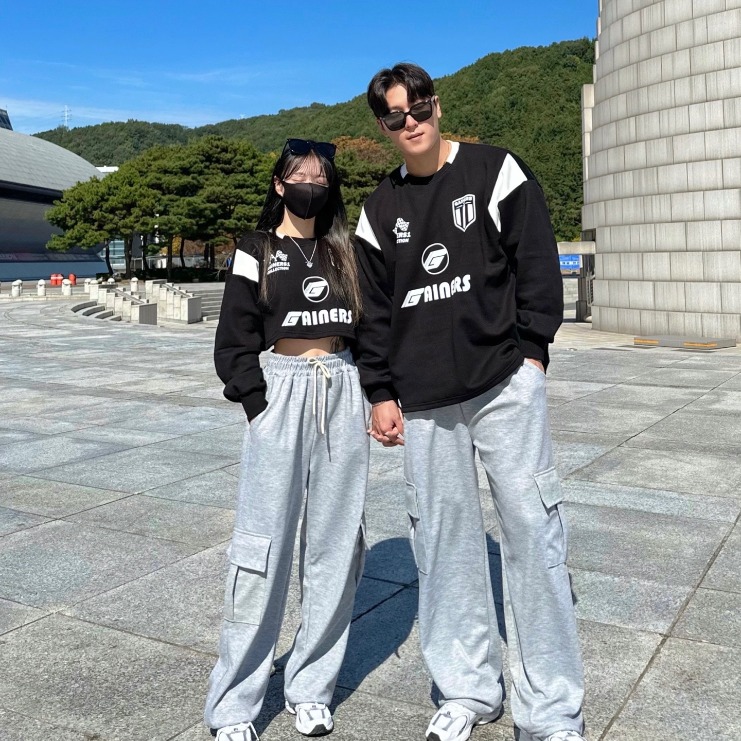 비바블 세트가능기모선택게이너 바시티 크롭 맨투맨 오버핏 맨투맨 긴팔 커플티 티셔츠 카고 와이드 팬츠 스트링 조거 가을 커플룩