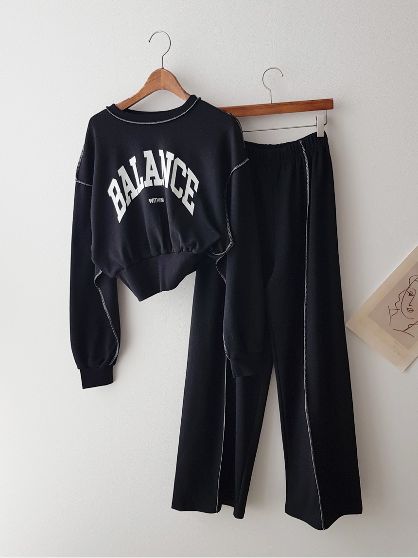 리케마켓 Balance Set 여리여리 예쁜핏 잘록 허리밴딩 오버로크 크롭 맨투맨티셔츠 밴딩 와이드팬츠 일자바지 트레이닝팬츠 투피스 데일리 꾸안꾸 셋업 원마일웨어 라운지