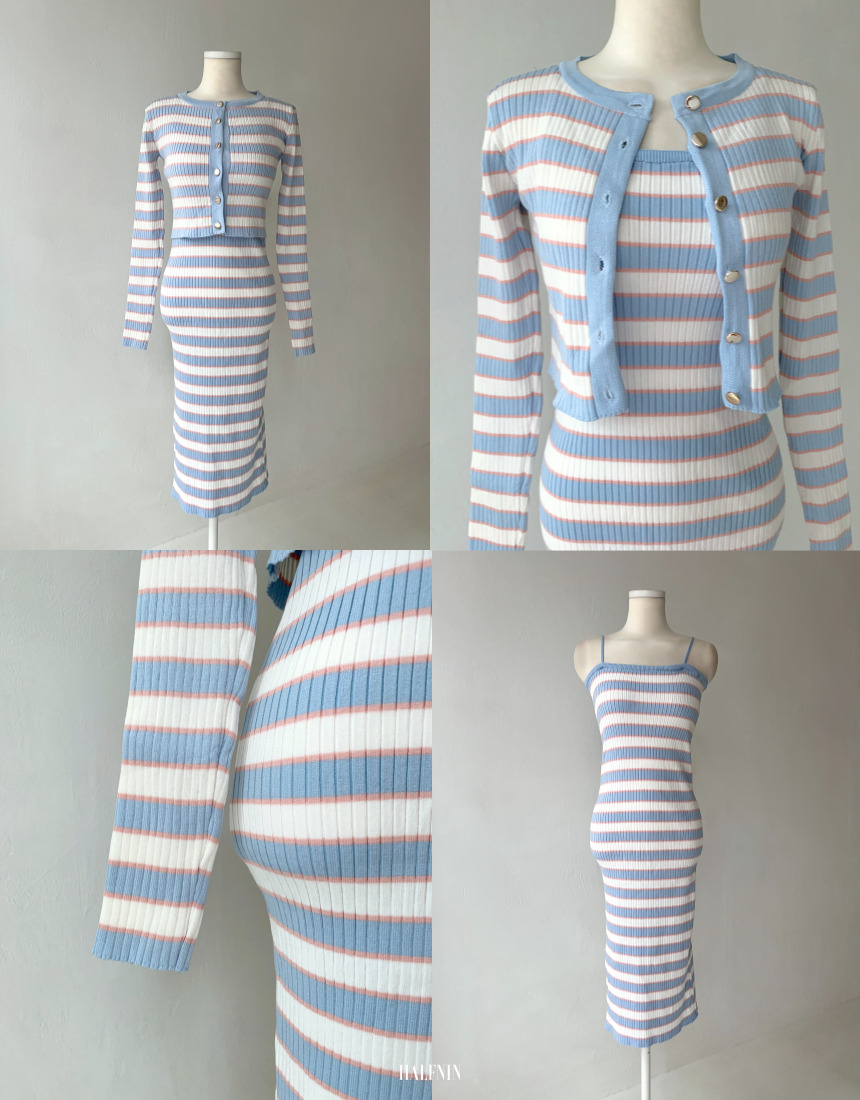 가을🍂세트구성 미니아 블루 스트라이프 줄무늬 골지 여리 슬림핏 딱붙는 배색 민소매 뷔스티에 롱 원피스 얇은 긴팔 가디건 투피스