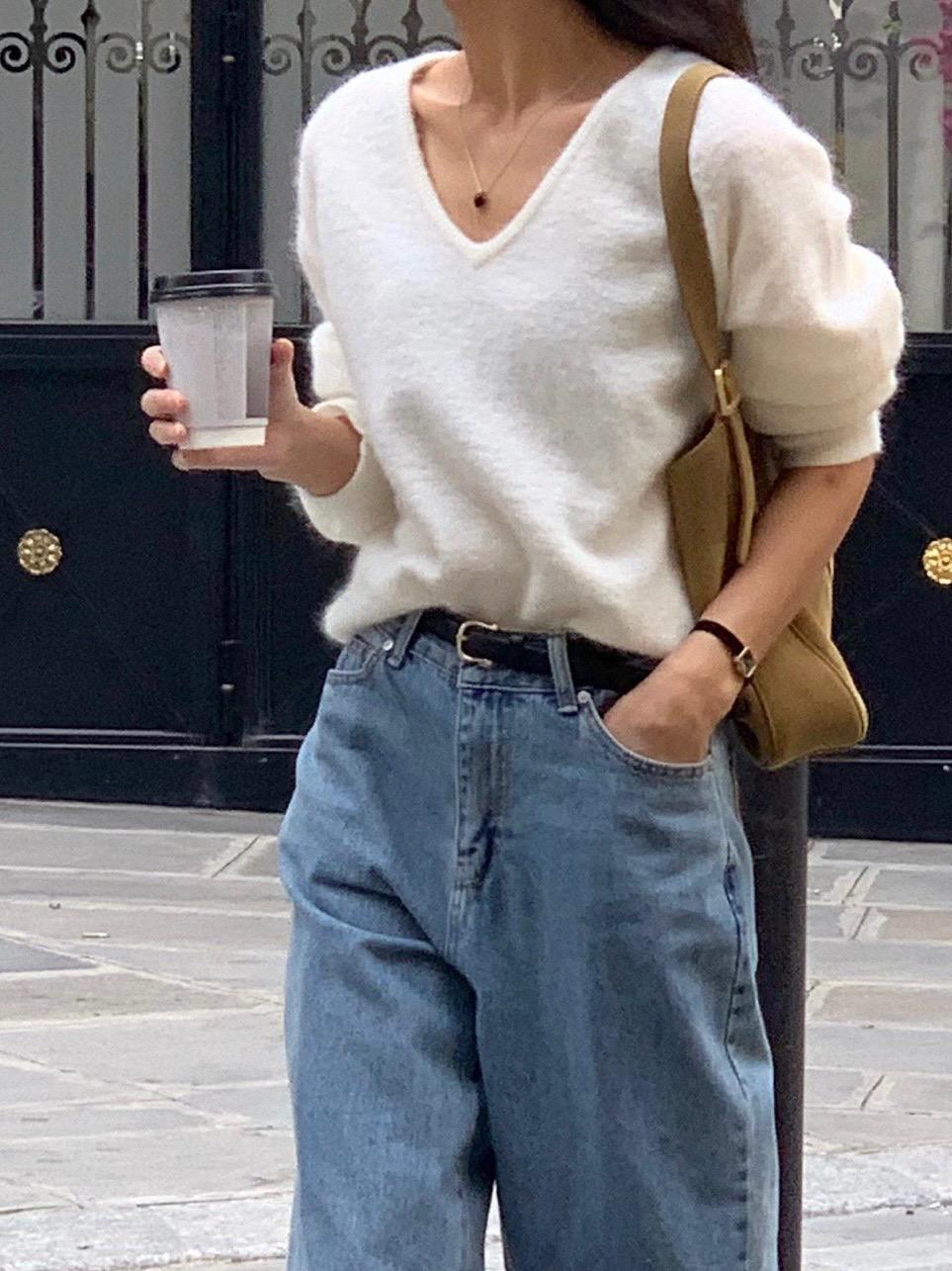 베르가못 모헤어 브이넥 니트 울 긴팔 데일리 nt (3col)