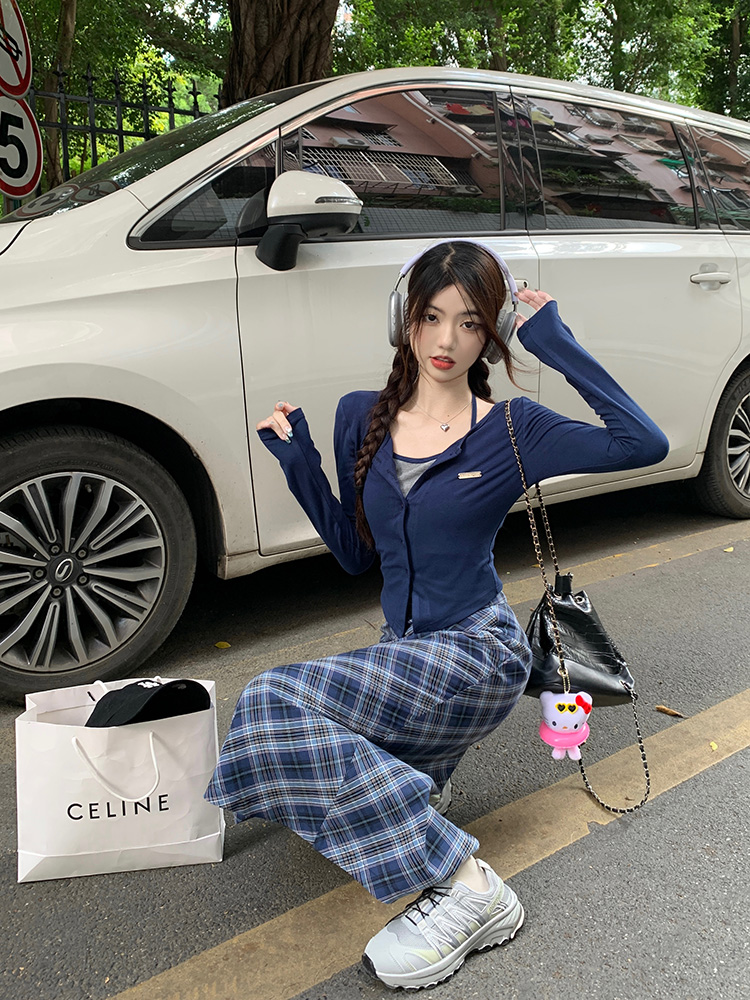 하프닌 세트단품 펠릭 네이비 홀터 여리 슬림핏 긴팔 가디건 티셔츠 하이웨스트 A라인 체크 롱 스커트 아메카지 유니크 투피스