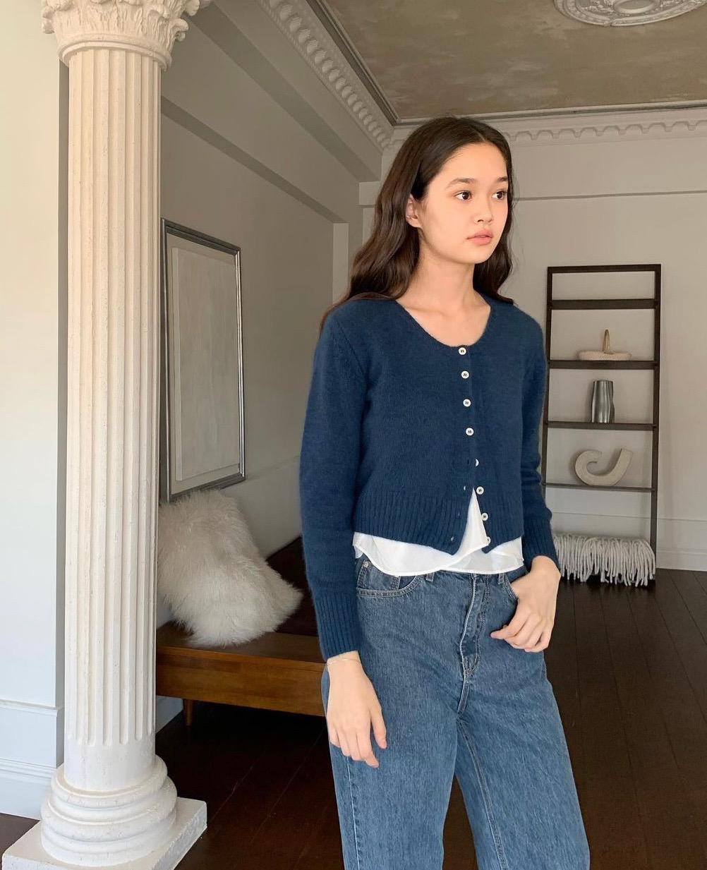 나우어데이즈 riette 리에뜨 벨 라쿤 가디건 울 긴팔 유넥 크롭 니트 cd (2col)