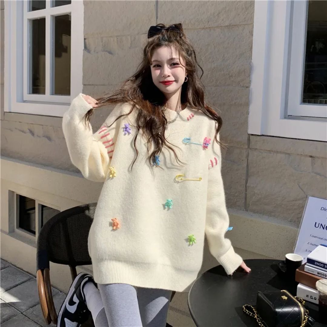 유투미월드 ♥당일 출고♥ 여성용 다채로운 곰 자수 스웨터 느슨한 라운드 넥 풀오버 한국 패션 디자인 레이지 니트 상의