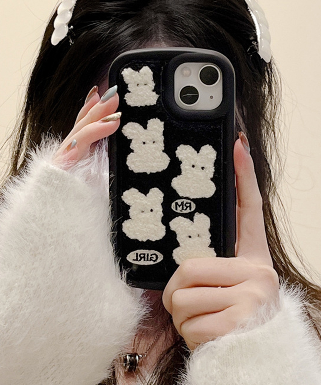 핑크리어카 아이폰 블랙 화이트 토끼 뽀글이 귀여운 유니크 키치 겨울 심플 우정 커플 털 퍼 선물 애플 휴대폰 핸드폰 폰 케이스 아이폰케이스 11 12 프로 13 프로맥스