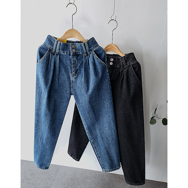 (무배) P407-1 앞 핀턱 뒷 밴딩 기모 배기청바지 [2color 진청 블랙 / S M L]