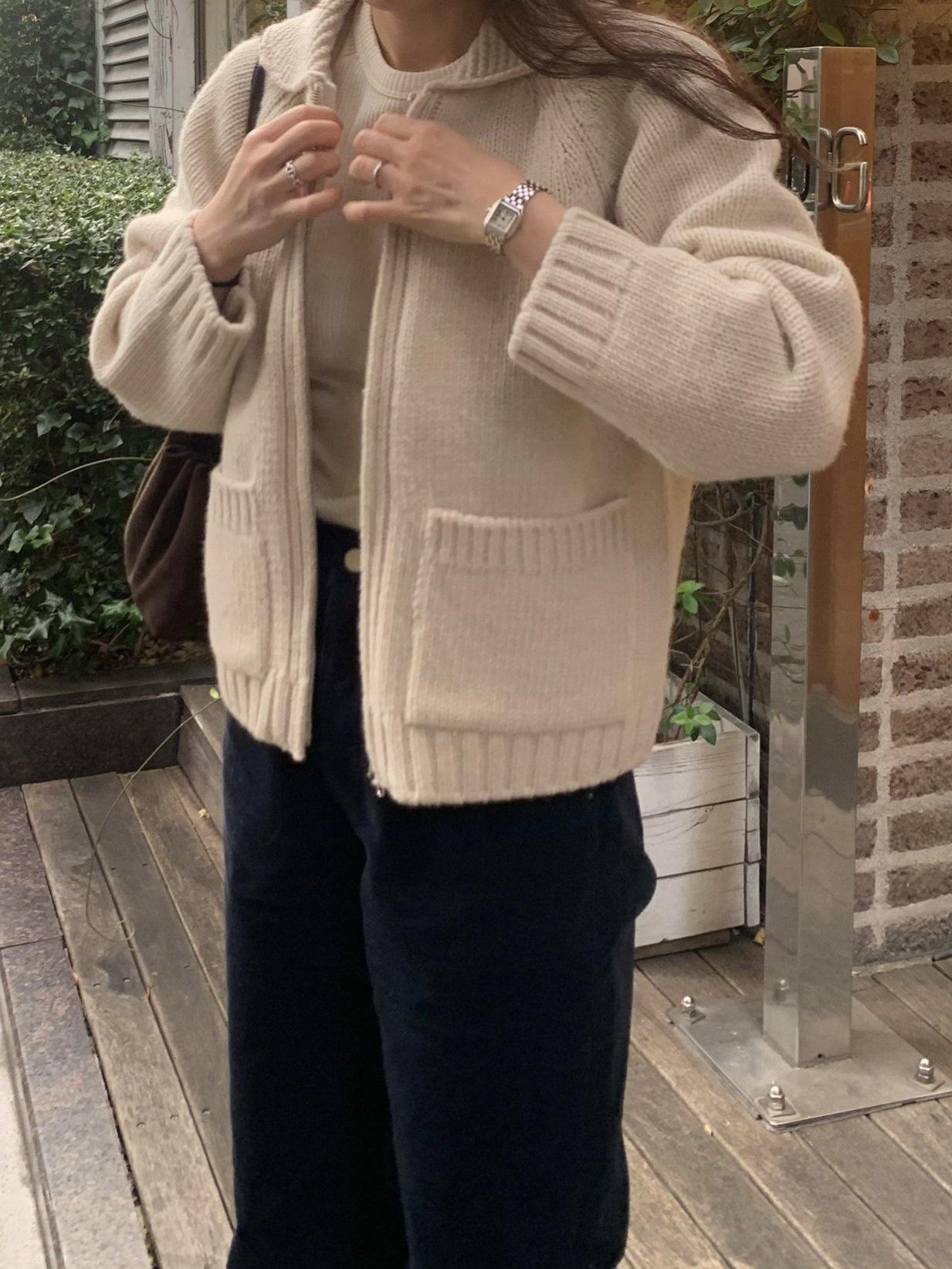 나우어데이즈 fllanel 플라넬 스콧 니트 집업 카라 포켓 울100 가디건 (2col)