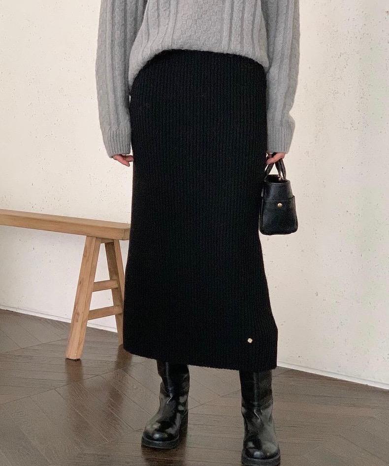 Feb11 페브러리 골지 니트 스커트 밴딩 일자 롱치마 (3col)