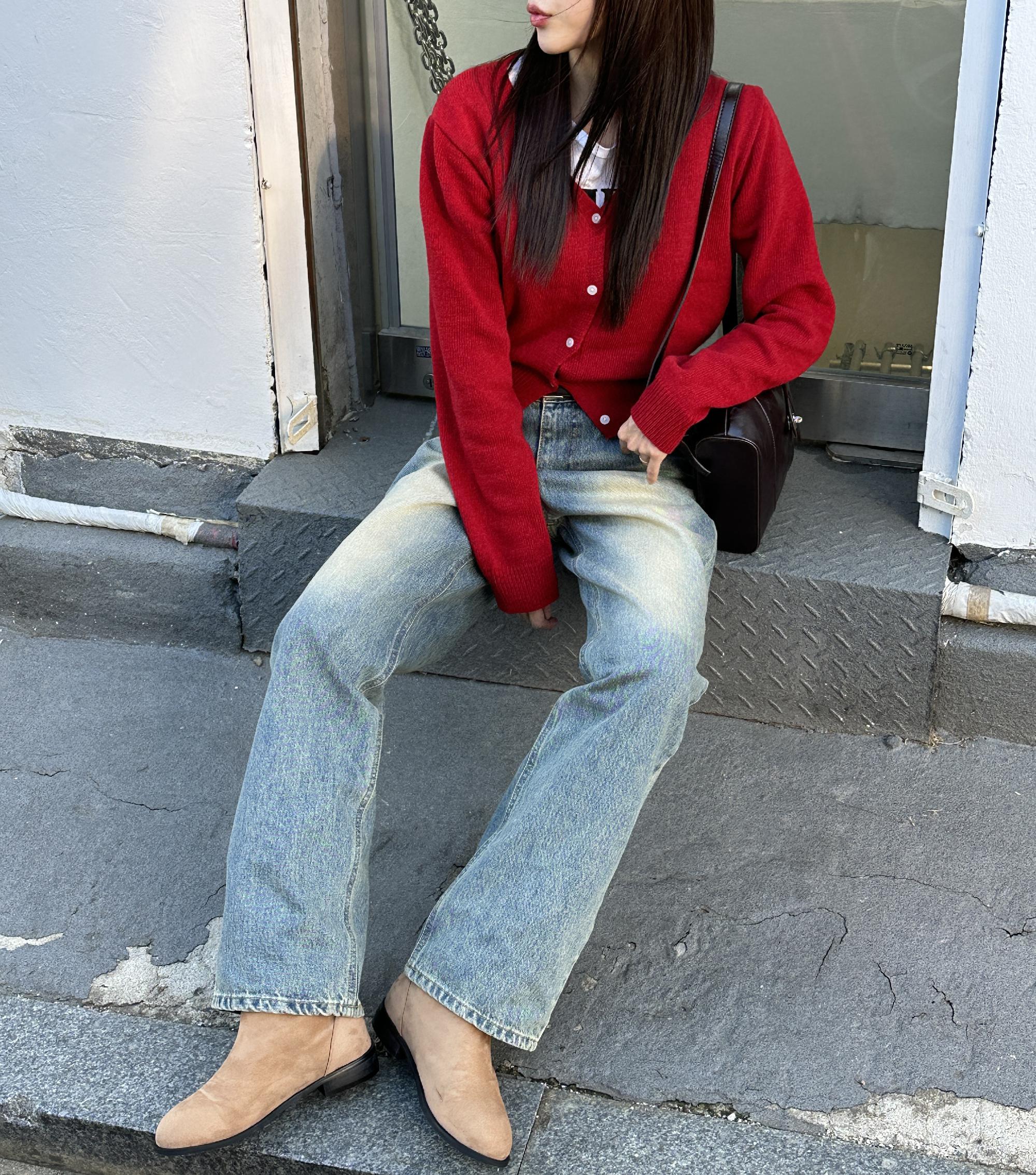 여성 울 브이넥 세미 크롭 니트 가디건 허리잘록 슬림핏 5color