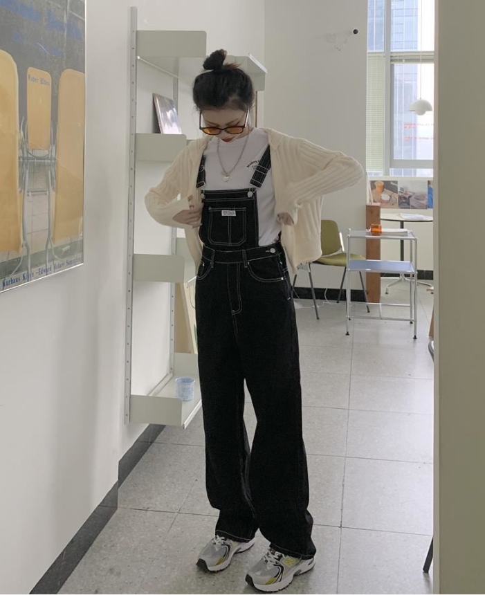 린다걸 스퀘어넥 패치 스티치 배색 라인 와이드 캐주얼 멜빵 팬츠 키작녀 가을 찰랑 봄 데일리 데이트 바지 오피스룩 캐주얼 러블리