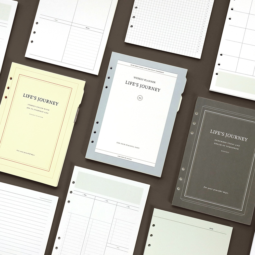 아이코닉디자인 저니 6공 바인더 A5 다이어리 속지세트 176p 3types 만년 플래너 스케줄러 리필 내지 먼슬리 위클리 학생 회사 직장인 업무용 2024 노트 수첩