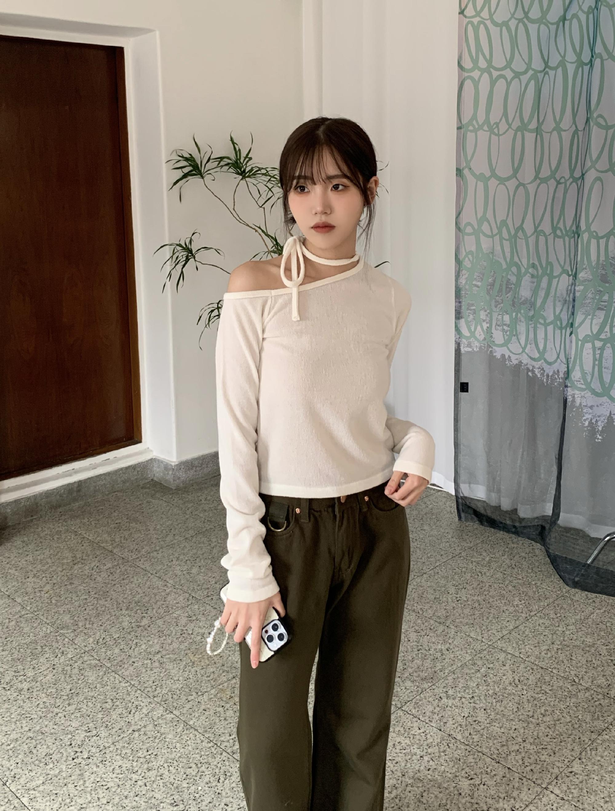 언발 오프숄더 끈 니트 [4col]