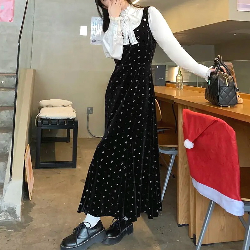 반한 겨울 롱 원피스 블라우스 세트 벨벳 패턴 뷔스티에 머메이드 연말 모임 파티 데이트 데일리