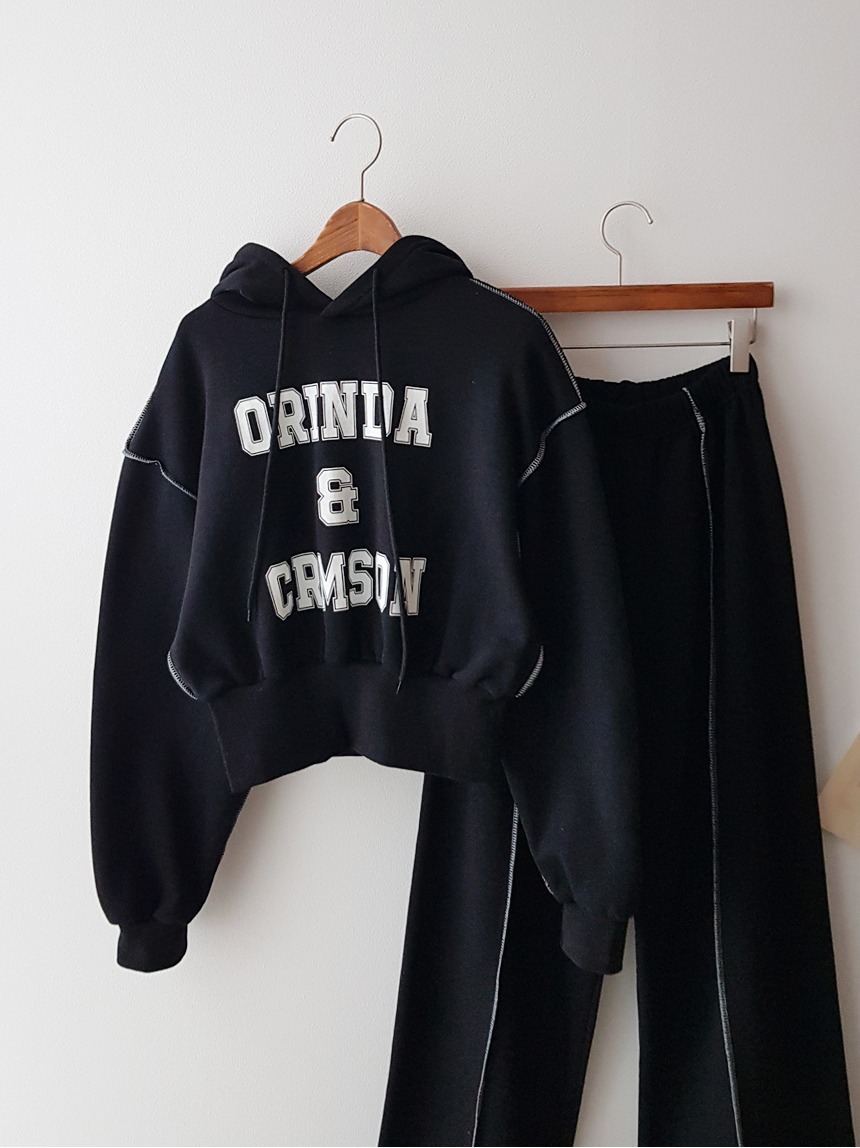 꾸안꾸오버록set 심플 레터링 프린트 오버로크 디테일 기모 크롭 후드 맨투맨티셔츠 따뜻한 밴딩롱팬츠 핀턱 와이드팬츠 투피스 겨울 데일리 트레이닝복 추리닝세트