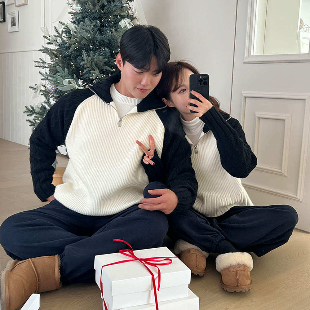 프롬바이 크롭or오버커플강추🔥 반집업 배색 나그랑 크롭 오버핏 루즈핏 빅사이즈 남녀공용 고퀄 봄 가을 간절기 겨울 니트 카라 집업 점퍼 아우터