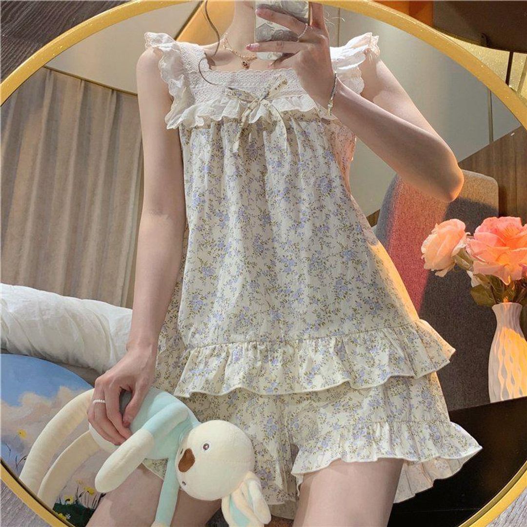 플라워 여성 나시 반바지 여름 친구 우정 잠옷 세트 학생 파자마 파티 여행 선물