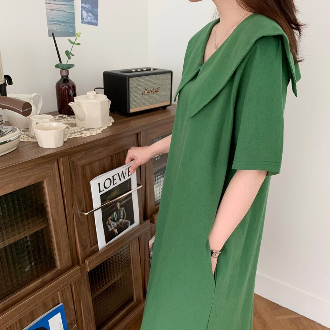 세일러 린넨 원피스 빅카라 여름 롱원피스 빅사이즈 휴양지룩 초록