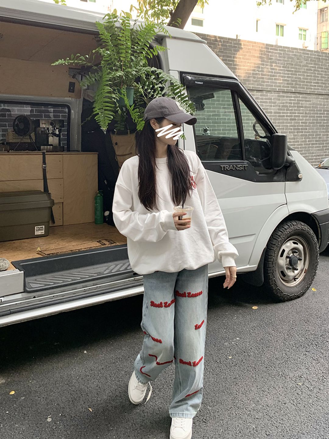 콜론 레터링 레드 배색 힙한 스트릿 유니크 연청 데님 청바지 하이웨스트 봄 가을 데일리 와이드 롱 팬츠