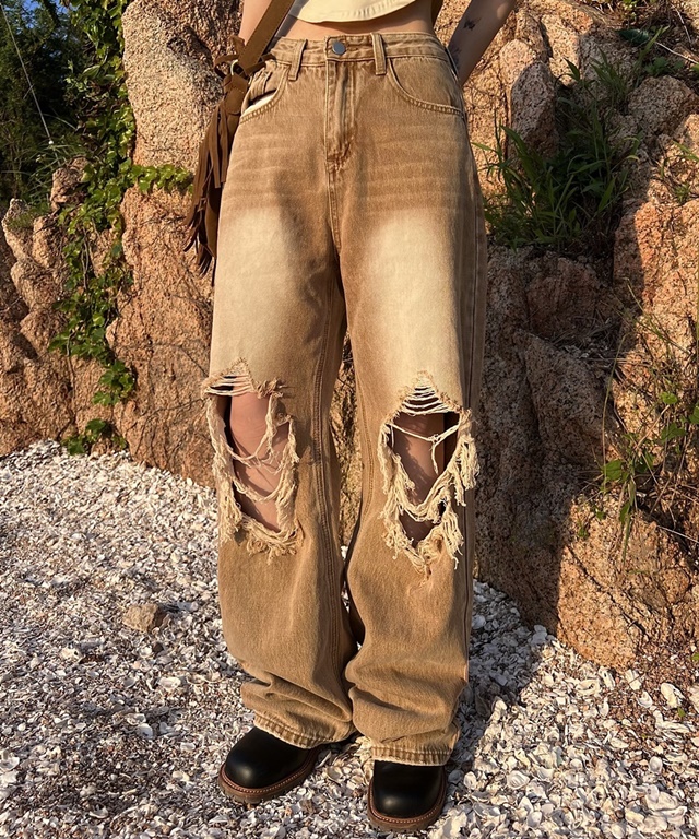 워무드마인 (3size) destroyed brown pants / y2k 빈티지 유니크 디스트로이드 워싱 그라데이션 와이드 팬츠 빈티지바지 워싱팬츠 유니크바지 워싱진 찢청 ...