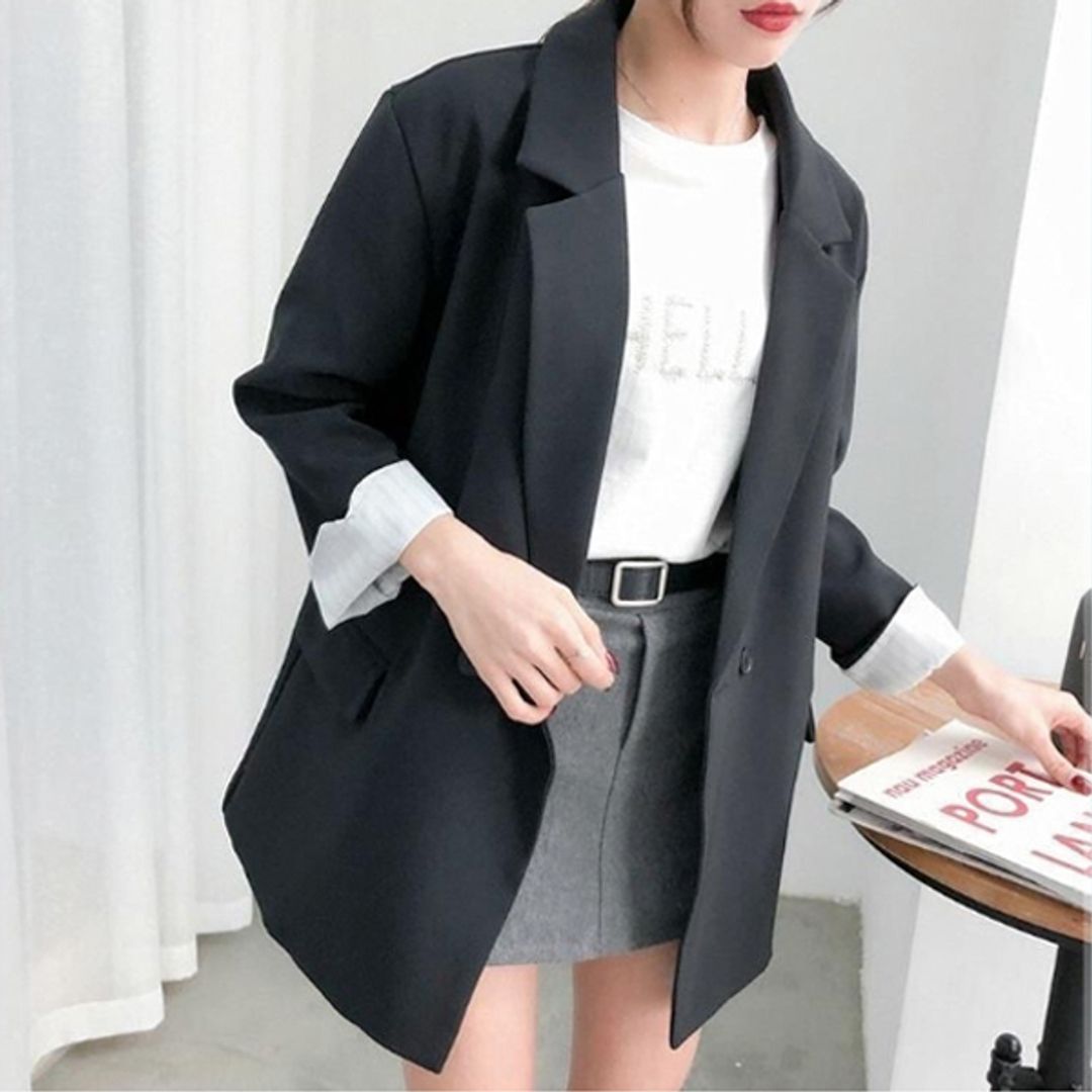 여성 오버핏 블랙 더블 자켓 환절기 캐주얼 정장 재킷