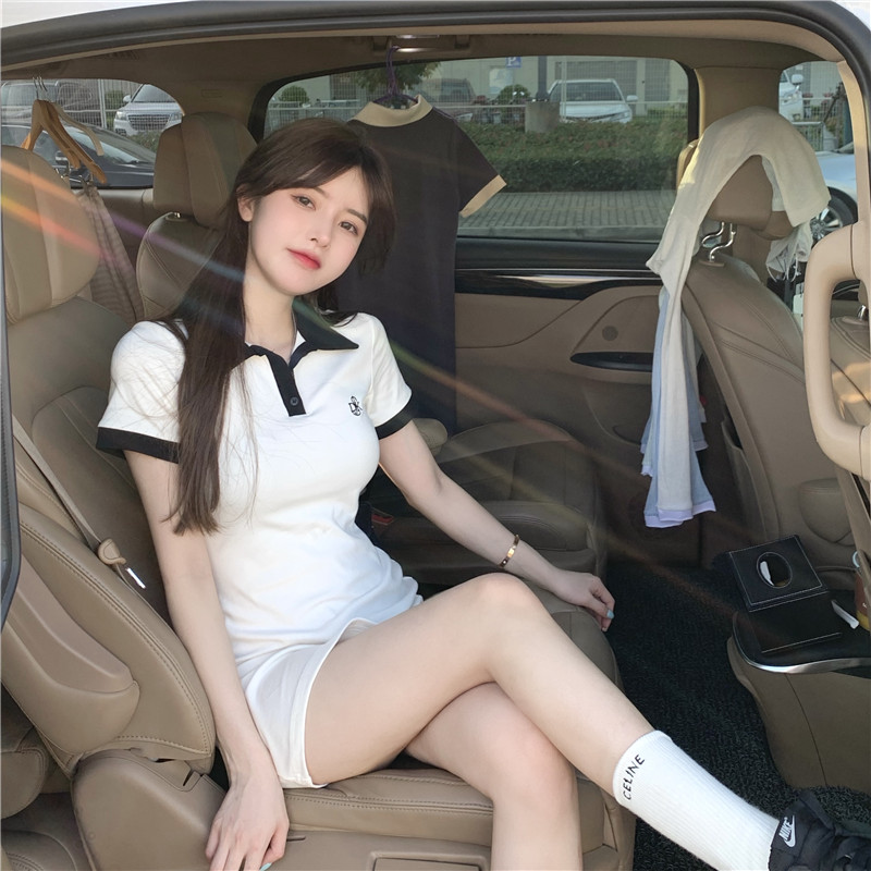 하프닌 화이트그레이 샌즈 폴로 카라 배색 버튼 H라인 슬림 여리 딱붙는 데일리 캐주얼 반팔 여름 썸머 섹시 남심저격 여친룩 스포티 트레이닝 미니 원피스