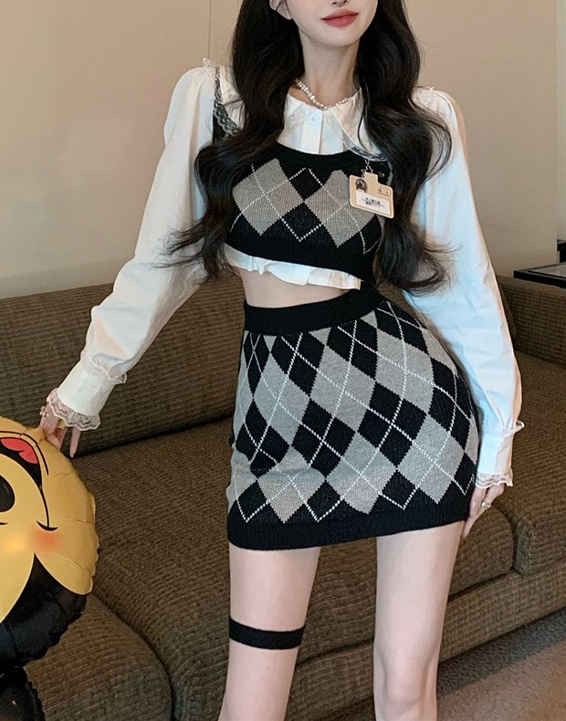하프닌 세트구성 베닌 아가일 체크 배색 니트 크롭 탑 H라인 딱붙는 미니 스커트 하이틴 러블리 유니크 가을 가을니트 니트셋업 니트세트 프레피룩 투피스