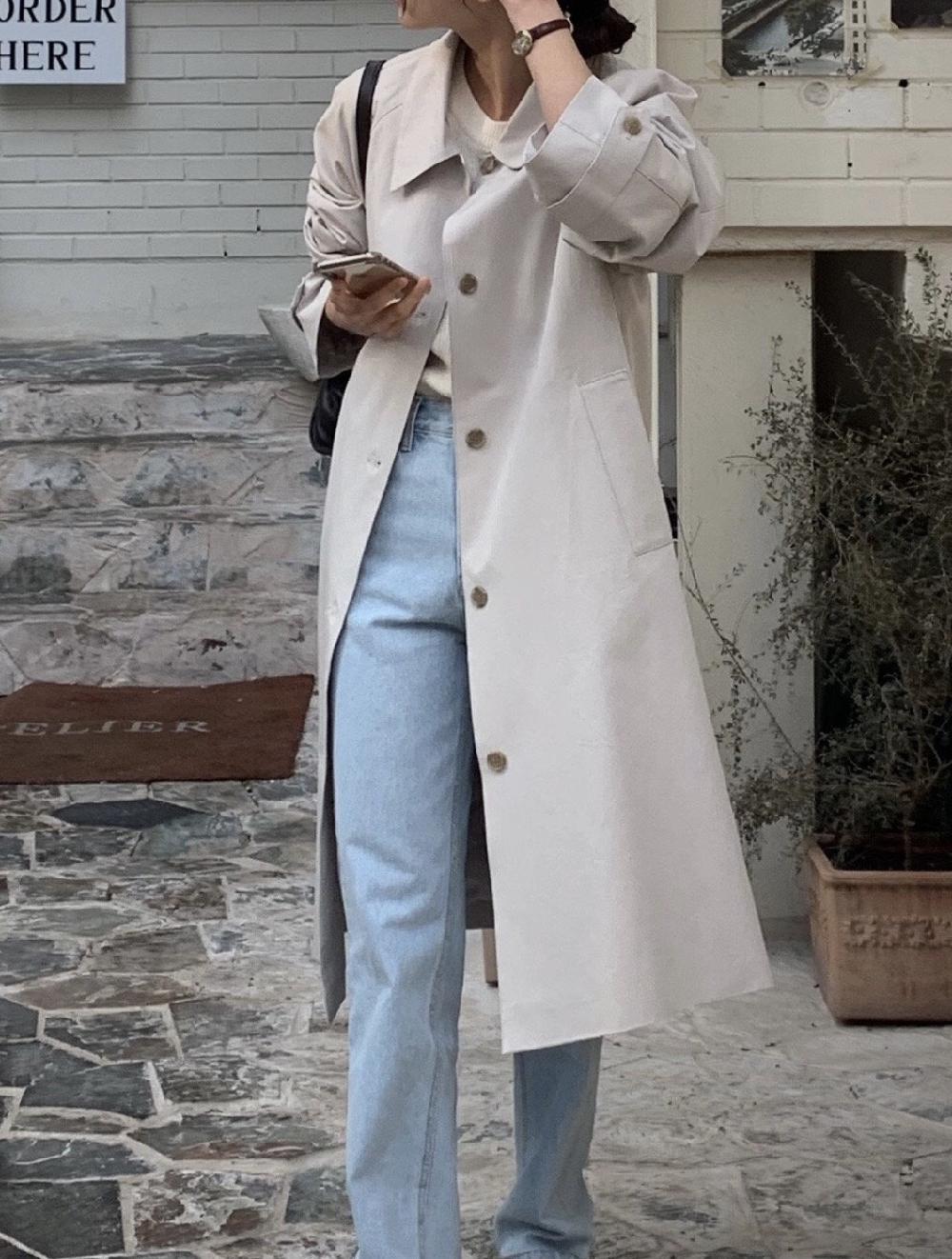 베르가못 로우 트렌치 코트 코튼 긴팔 래글런 싱글 롱 ct (2col)