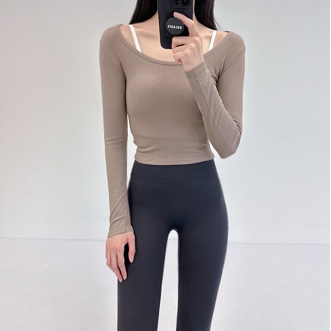 로라벨 르망 오프숄더 골지티 필라테스 요가 상의 옷 커버업 운동복 탑 긴팔 크롭