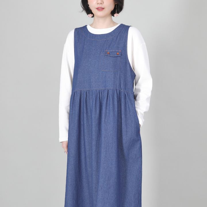 포스티 데님 셔링 라운드 조끼 민소매 여성 봄 여름 청 원피스 K03325