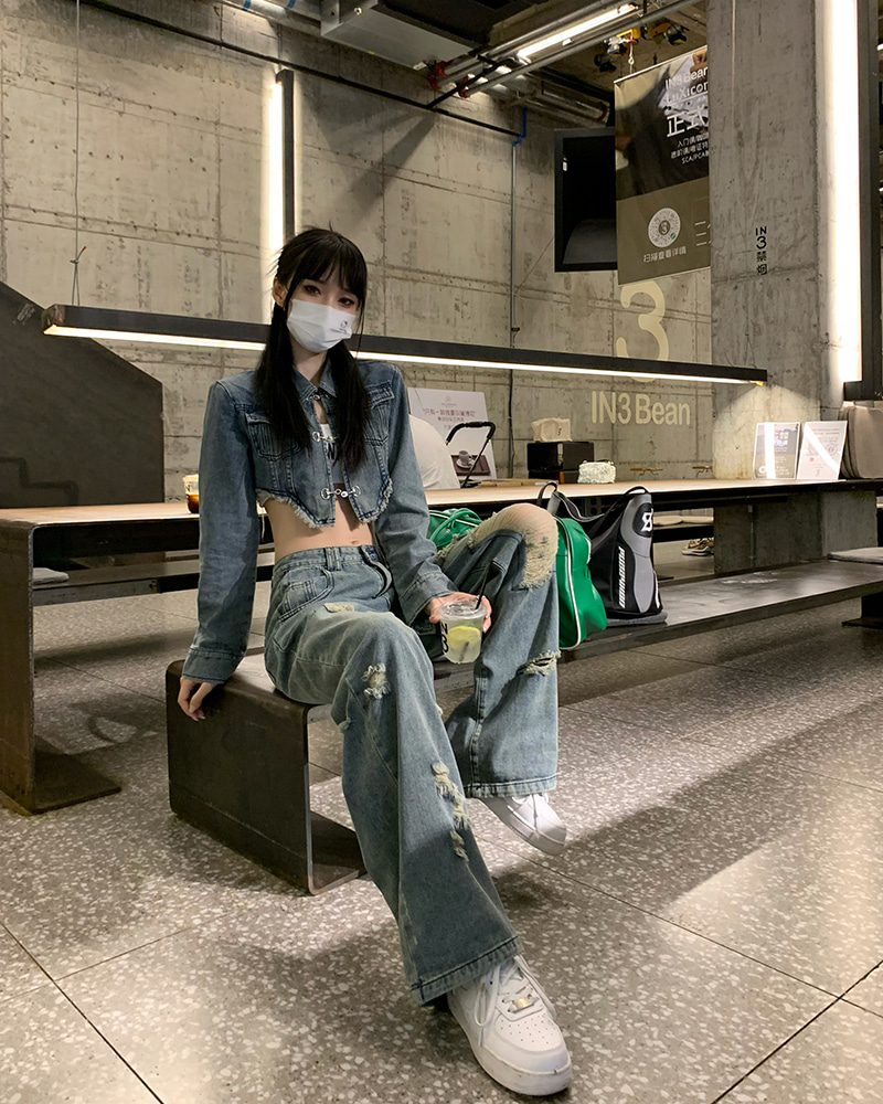 하프닌 단품구매가능세트할인 크레인 데님 캐주얼 버클 카라 긴팔 크롭 청자켓 데님자켓 하이웨스트 헤짐 청바지 롱 와이드 팬츠 Y2k 스트릿 유니크 봄 여름 투피스