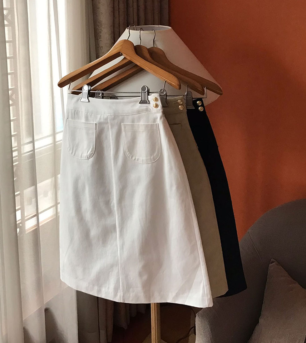 유어즈 골드 투버튼 H라인 미디 스커트 슬릿 투포켓 치마 (3col)
