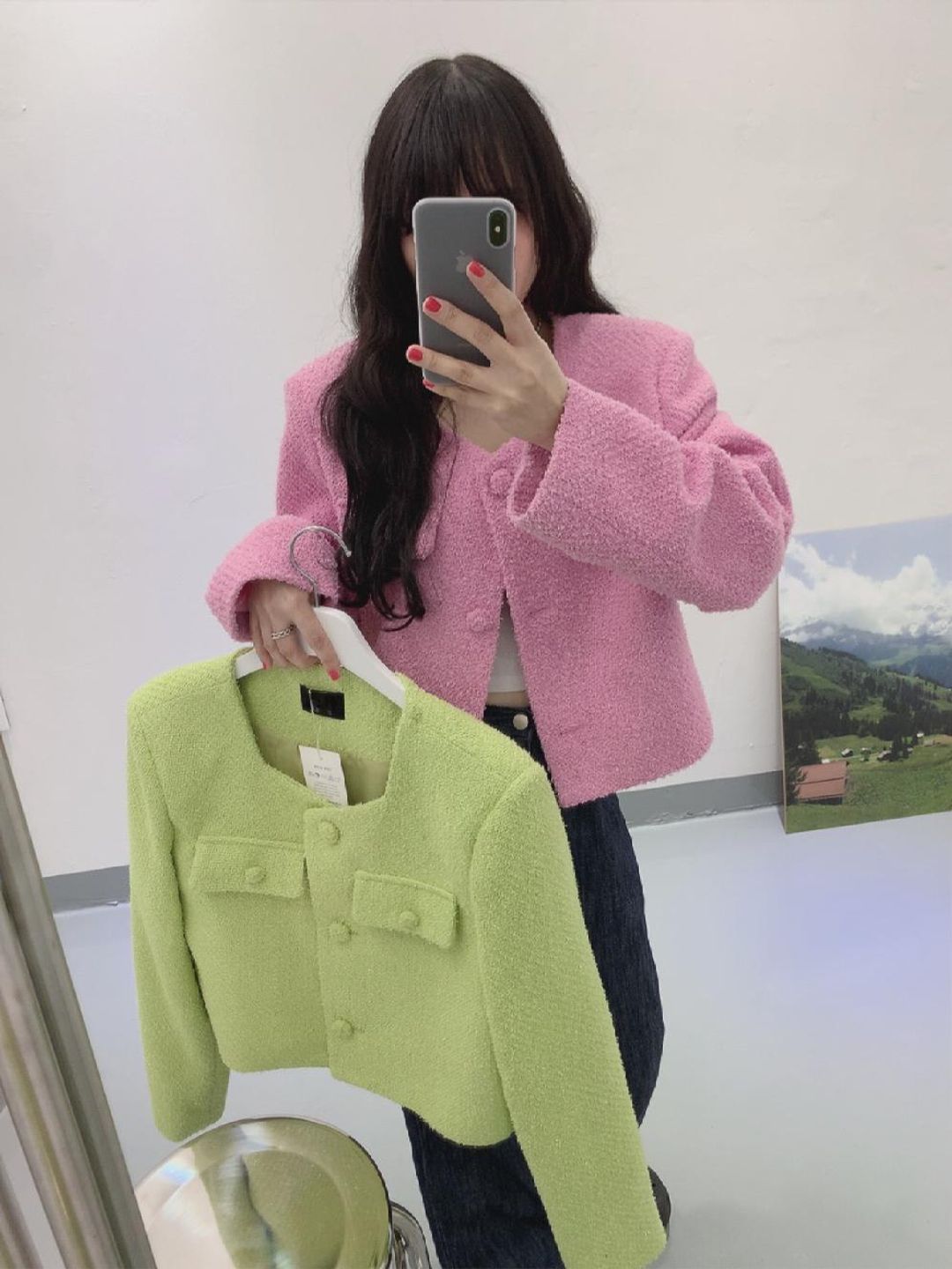여성 핑크 트위드자켓 크롭 봄 데이트룩 걸리쉬 트렌디 어깨패드 2color