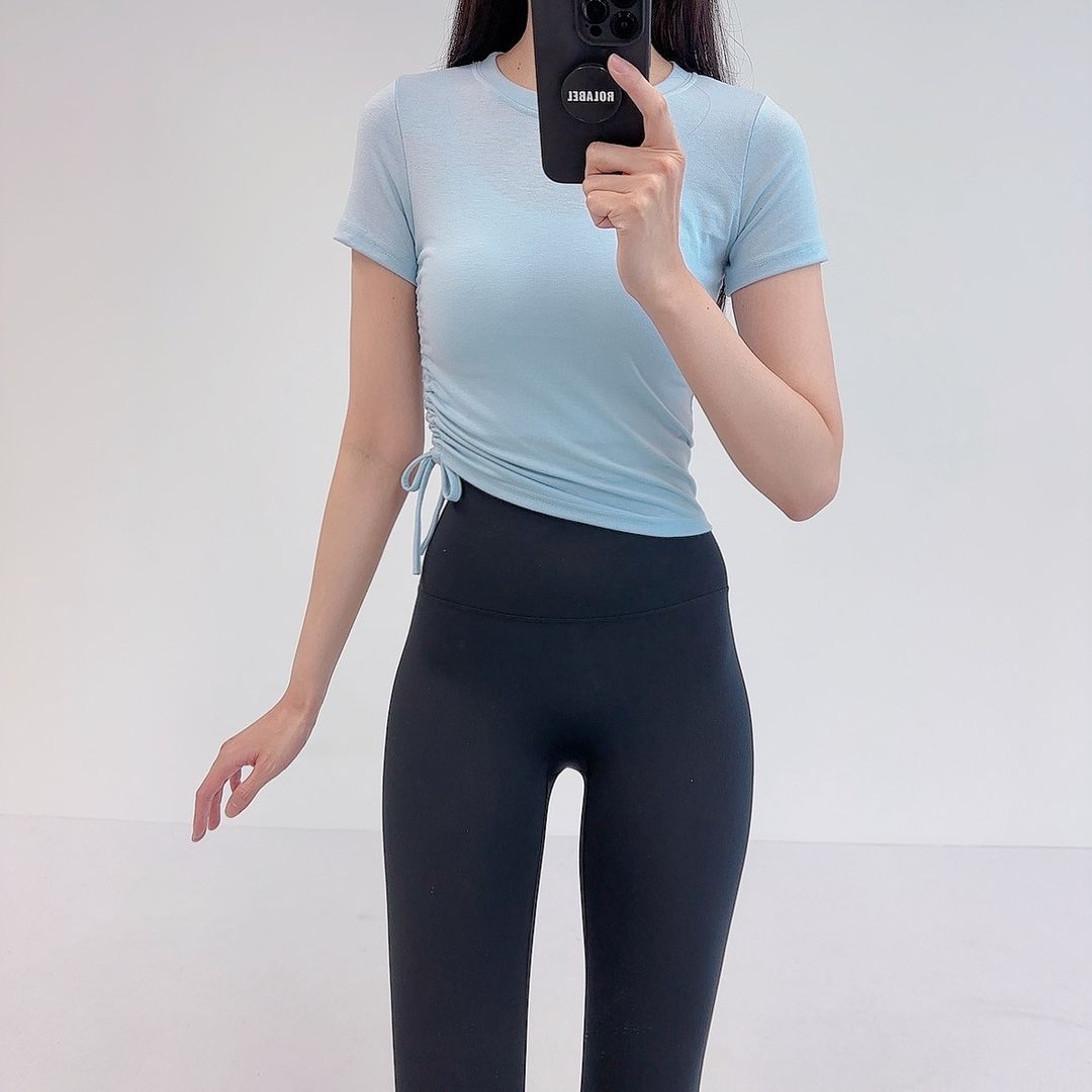 로라벨 퐁키 옆스트링 반팔 필라테스 요가 상의 옷 커버업 운동복 탑 크롭